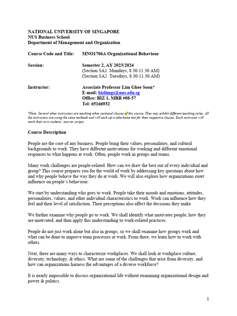 MNO1706 OB Sem 2, 2023-2024 Course Outline | PDF | Employment | Discrimination