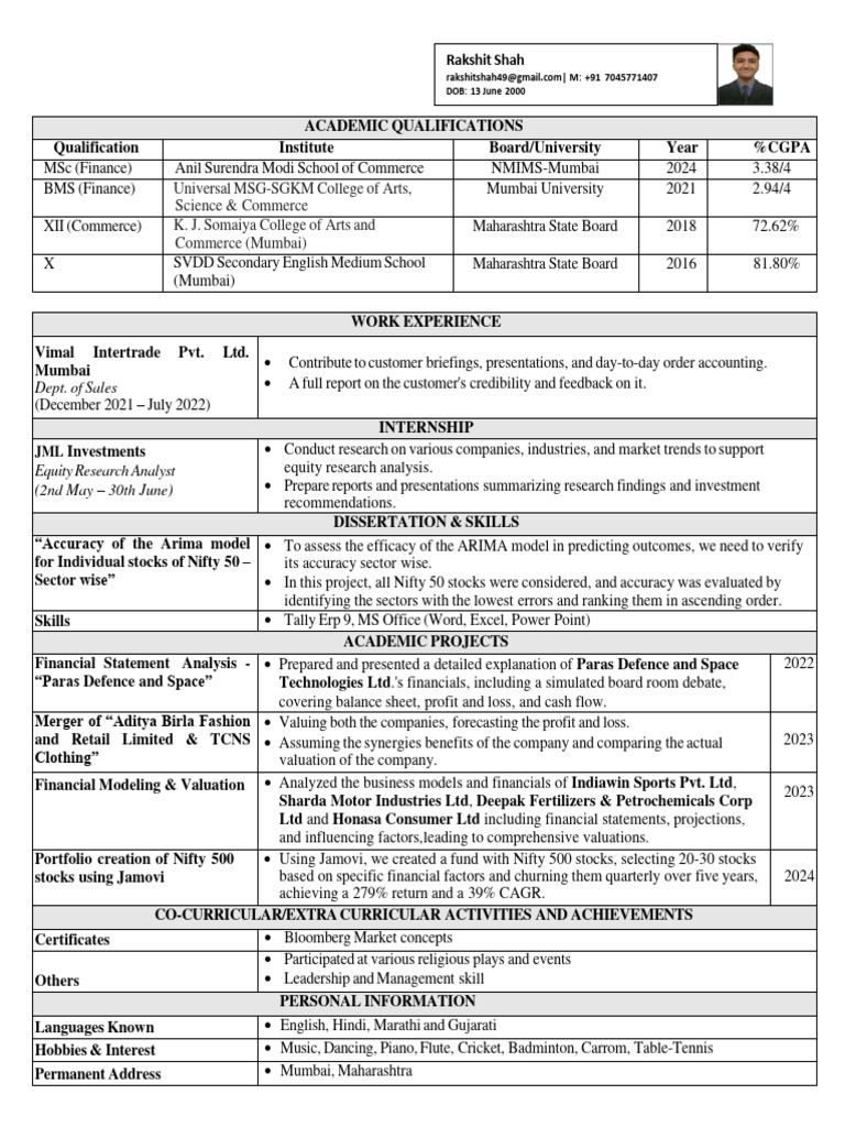 Rakshit Resume | PDF | Valuation (Finance) | Investing