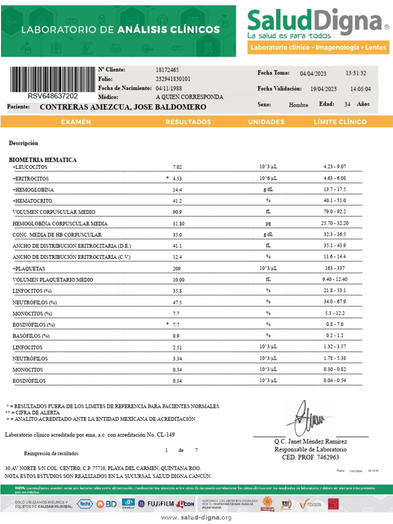 Resultados de Biometría Hemática y Glucosa | PDF | Sustancias químicas
