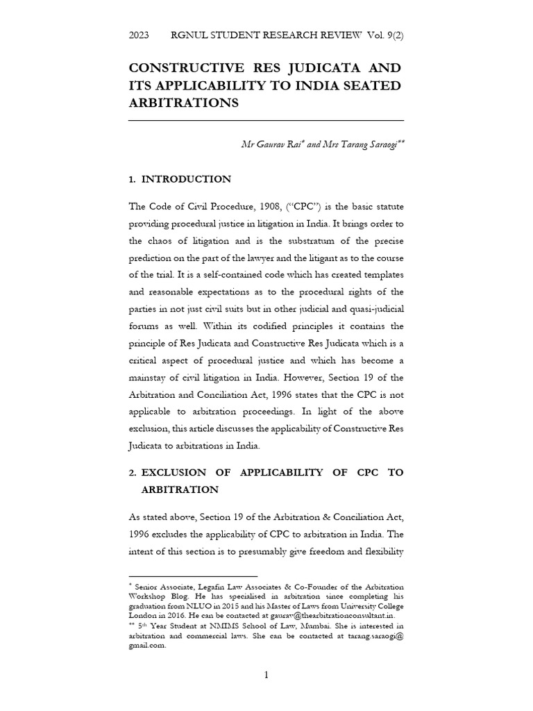 Constructive Res Judicata in Indian Arbitration | PDF | Res Judicata ...