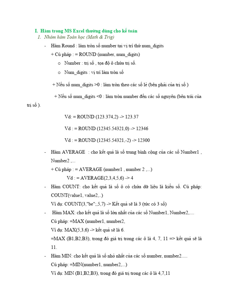 Hàm trong MS Excel thường dùng cho kế toán | PDF