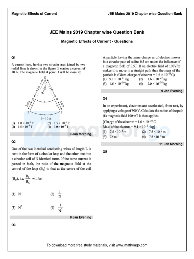 CQB Physics Jee Main 2019 Magnetic Effects of Current | PDF