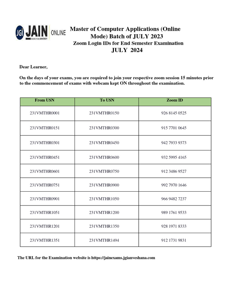 MCA JULY Sem II End Sem Exam Zoom Login ID... | PDF