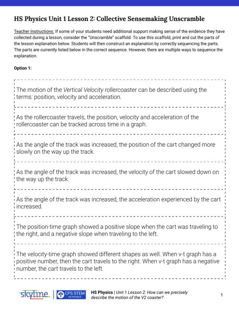 HS Physics Unit 1 Lesson 2 Collective Sensemaking Scaffold (Unscramble ...