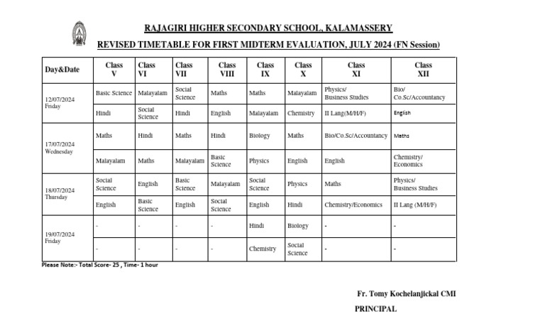 Revised - Time Table - First Midterm Evaluation July 2024 | PDF | Science Revised - Time Table - First Midterm Evaluation July 2024 | PDF | Science