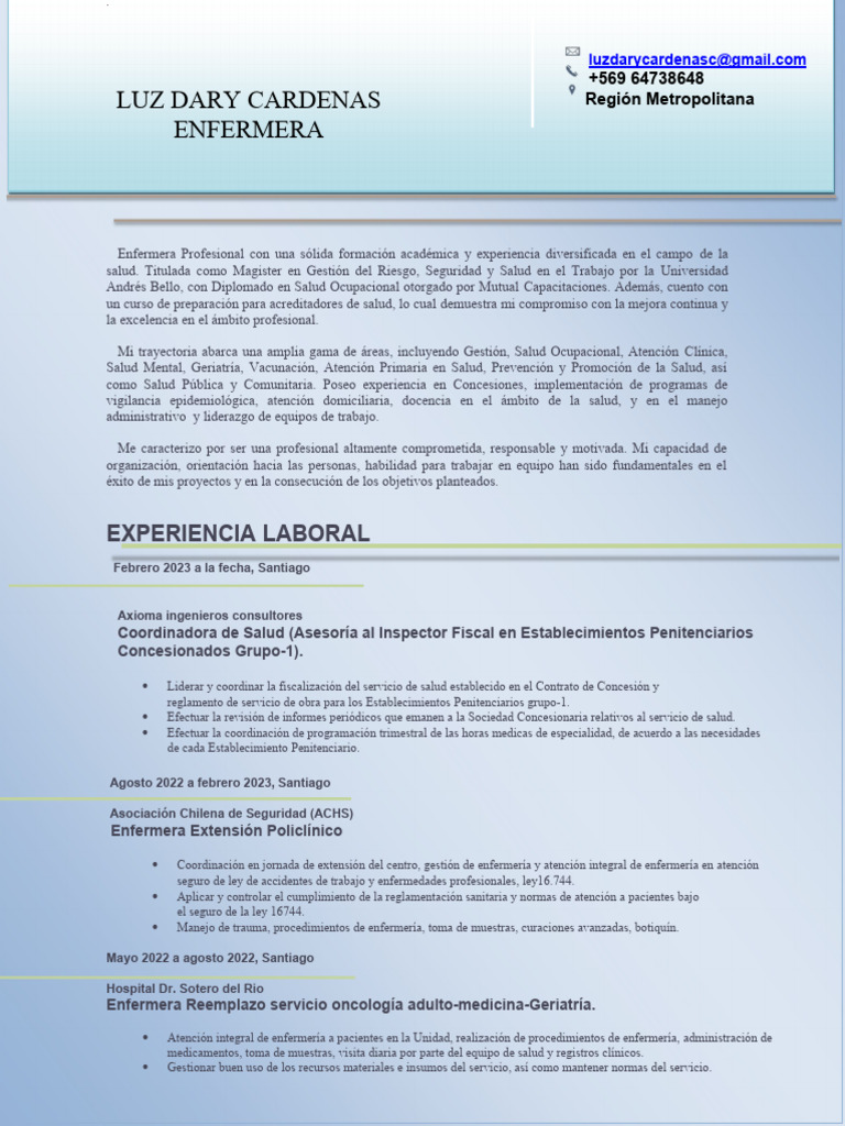 CV Enfermera Luz Cardenas-2024. | PDF | Enfermería | Hospital
