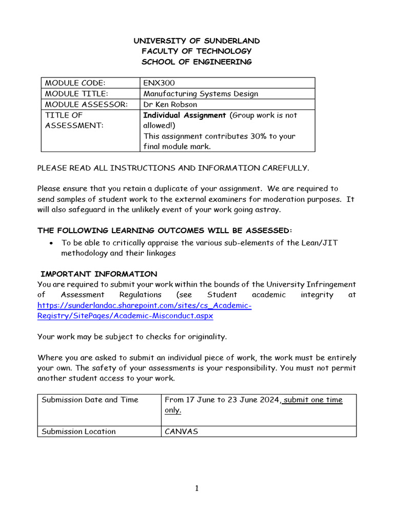 ENX300 Assignment (Revised 30042024) | PDF | Lean Manufacturing