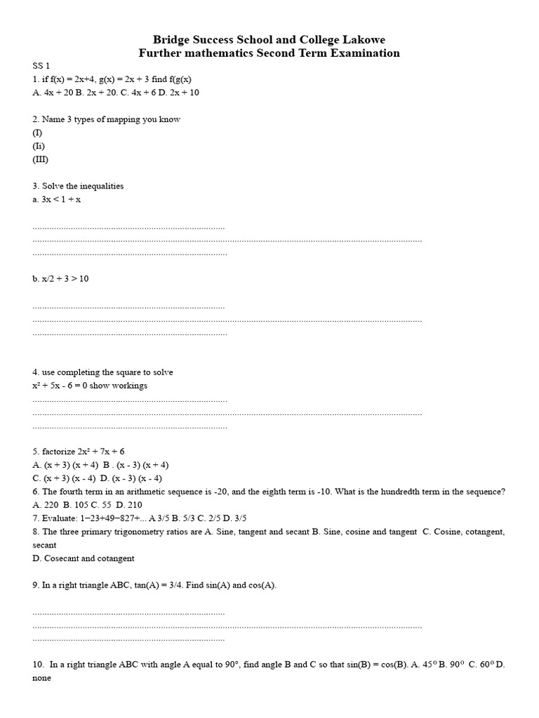 Further Mathematics ss1 | PDF | Trigonometric Functions | Combinatorics