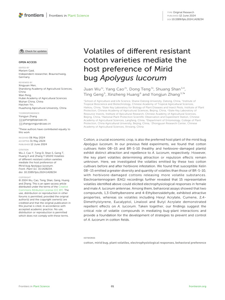 Volatiles of Different Resistant Cotton Varieties | PDF | Cotton | Pest ...