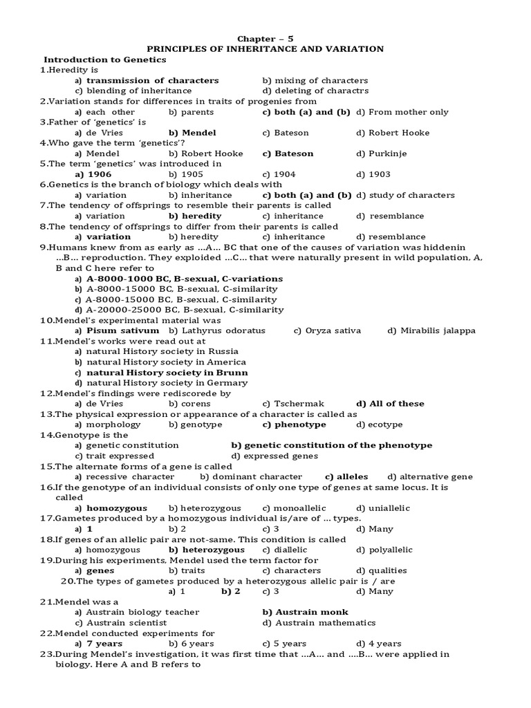 Principles of Inheritance and Variations PRACTICING QUESTIONS | PDF ...