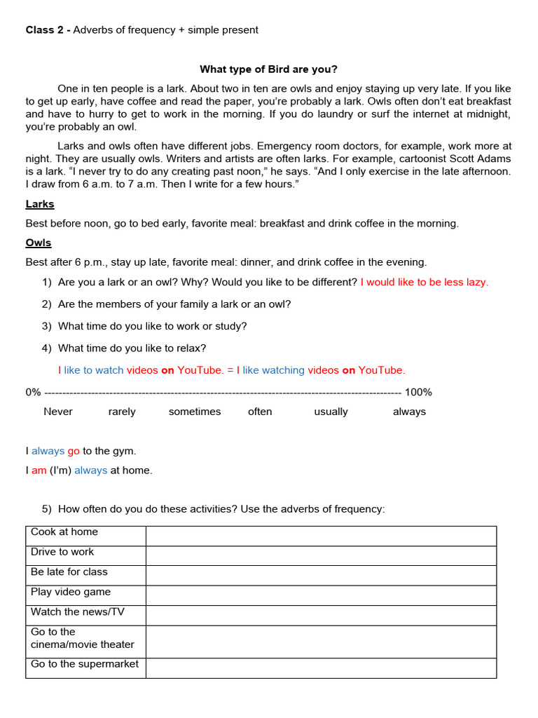 Class 2 - Adverbs of Frequency and Simple Present | PDF | Meal