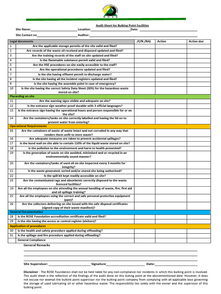 Internal Bulking Point Cheklist | PDF | Waste | Pollution
