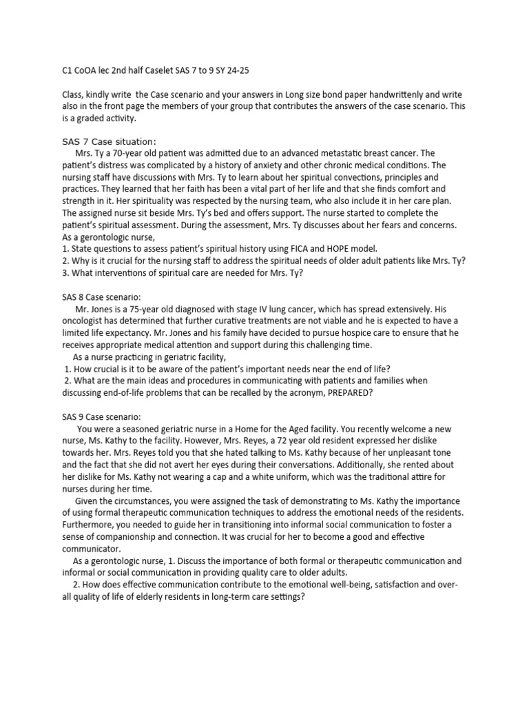 C1 CoOA Lec 2nd Half Caselet SAS 7 To 9 SY 24 | PDF | Nursing | End Of ...