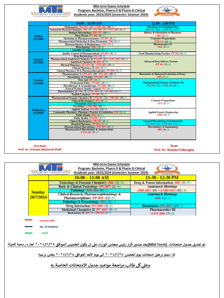 Mid-term Exam Schedule 2024 for Pharm D | PDF | Pharmacy | Clinical Medicine