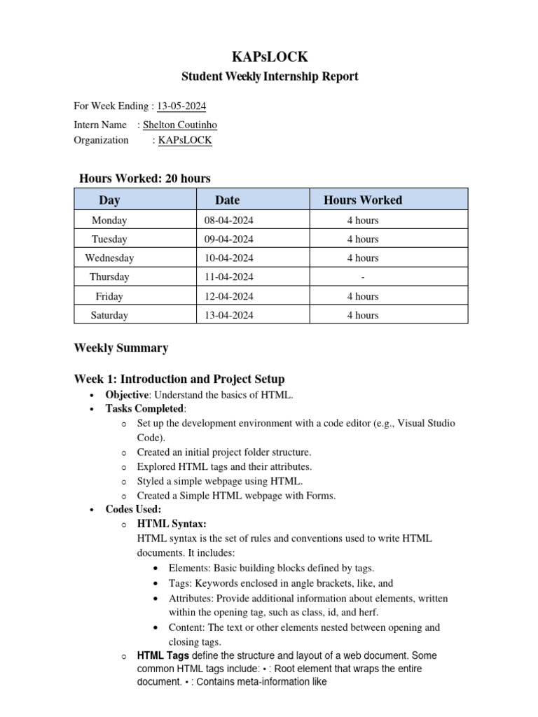 HTML Internship Week 1 Report | PDF | Html | Html Element