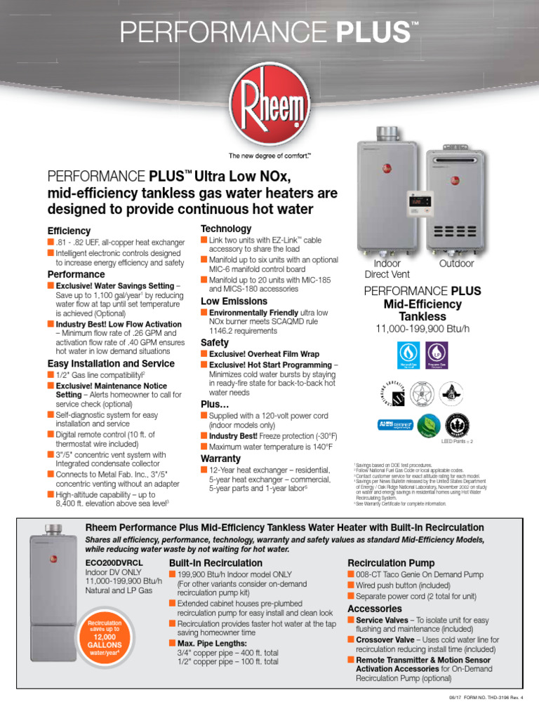 Performance: Plus Ultra Low Nox, Mid-Efficiency Tankless Gas Water ...