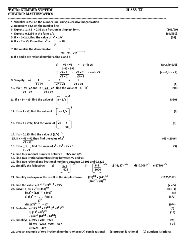 Class 9 Number System Worksheet | PDF | Numbers | Rational Number