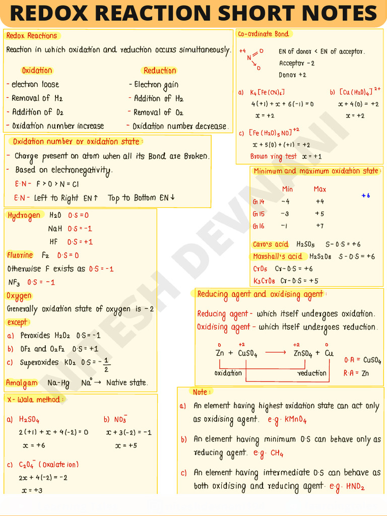 Redox Reaction Short Notes - Learning Tales 6 | PDF | Redox | Titration