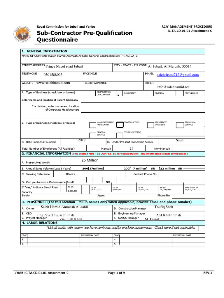Subcontractor Prequalification Questionnaire (Attachment C) | PDF ...