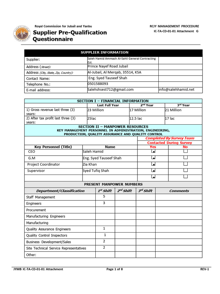 Supplier Prequalification Questionnaire (Attachment G) | PDF | Welding ...