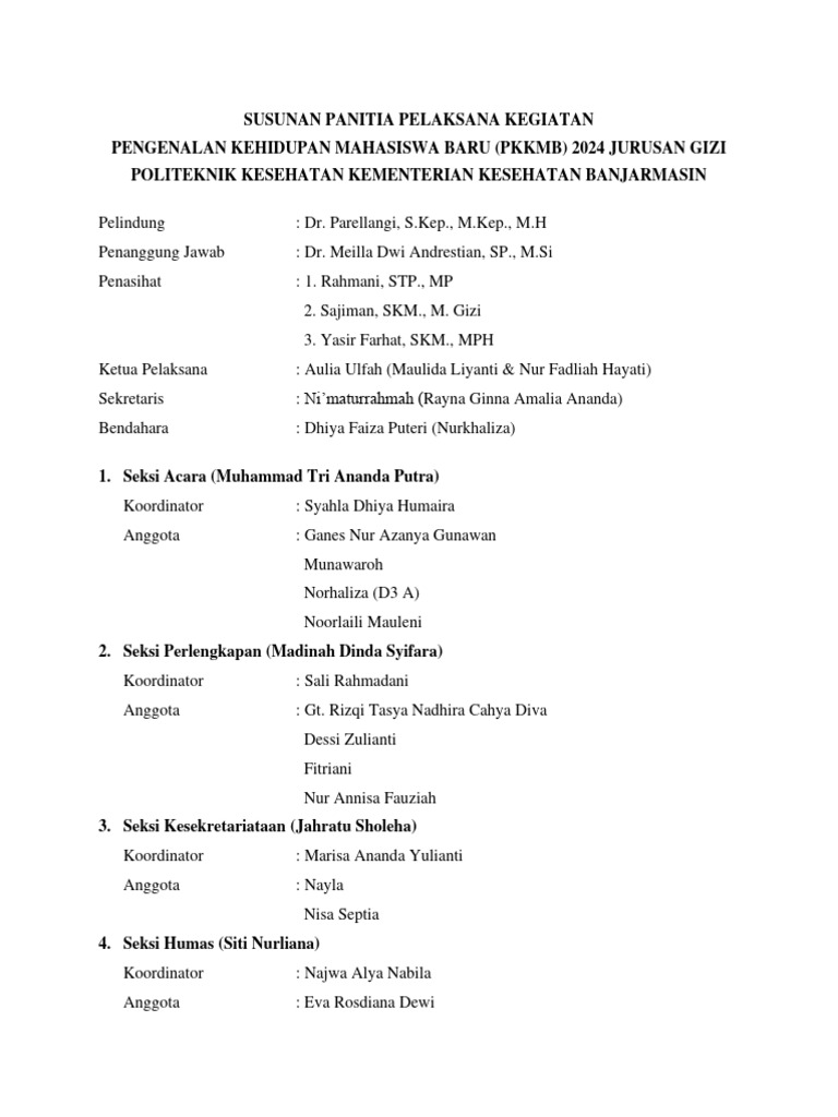 Panitia Pelaksanaan Kegiatan PKKMB 2024 | PDF