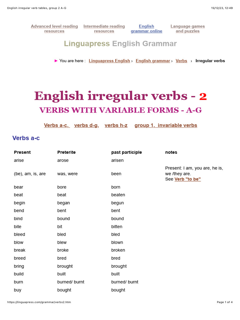 English Irregular Verb Tables, Group 2 A-G | PDF | Syntax | Semantic Units