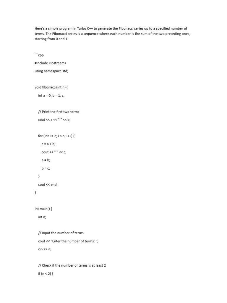 Generate Fibonacci Series in C++ | PDF | Computers
