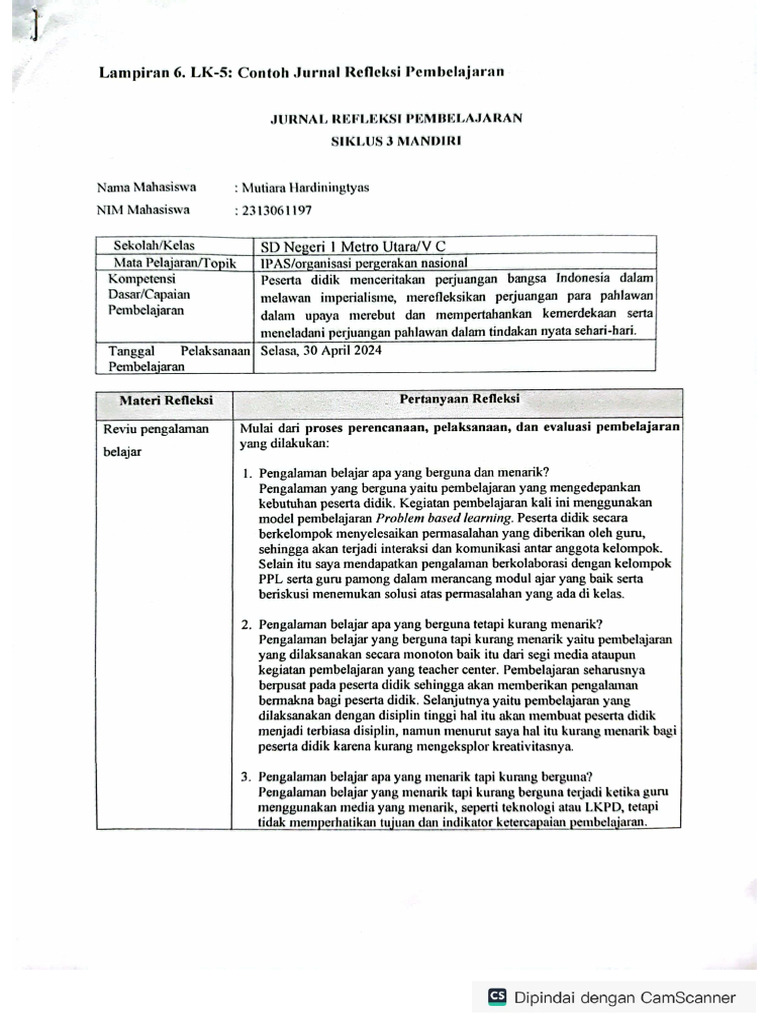 LK 5 - Refleksi Terhadap Pembelajaran - Siklus 3 Mandiri - Mutiara Hardiningtyas - PPL 2 | PDF
