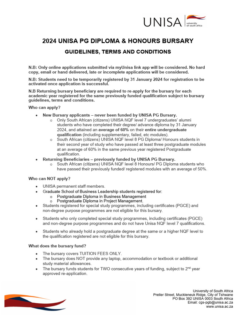 UNISA 2024 PG Bursary Guidelines | PDF | Diploma | Postgraduate Education