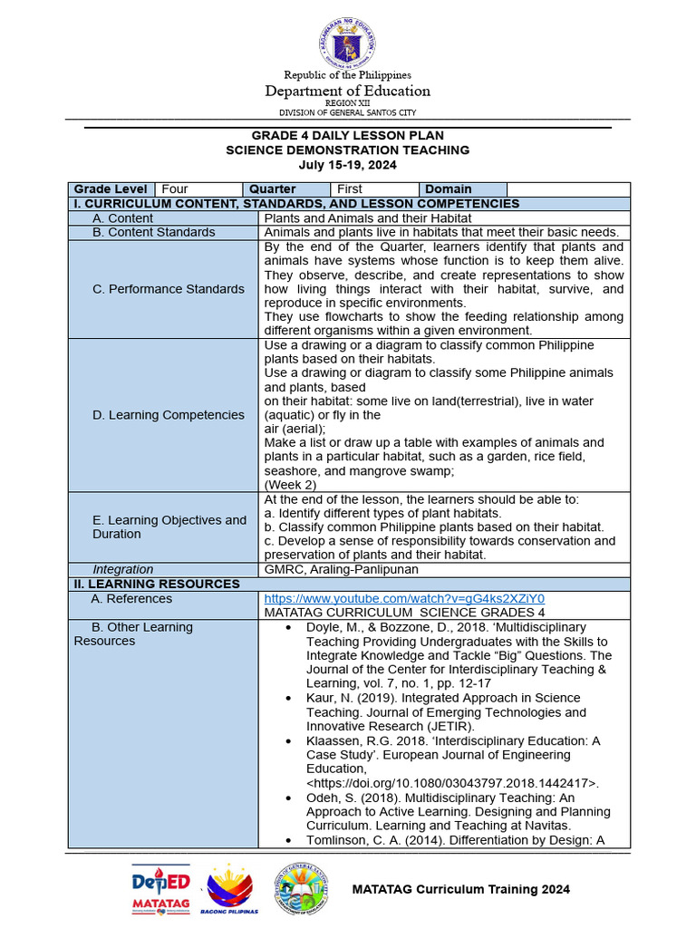 MATATAG Science 4-DLP-Demo-TeachASHfinal | PDF | Habitat | Learning MATATAG Science 4-DLP-Demo-TeachASHfinal | PDF | Habitat | Learning