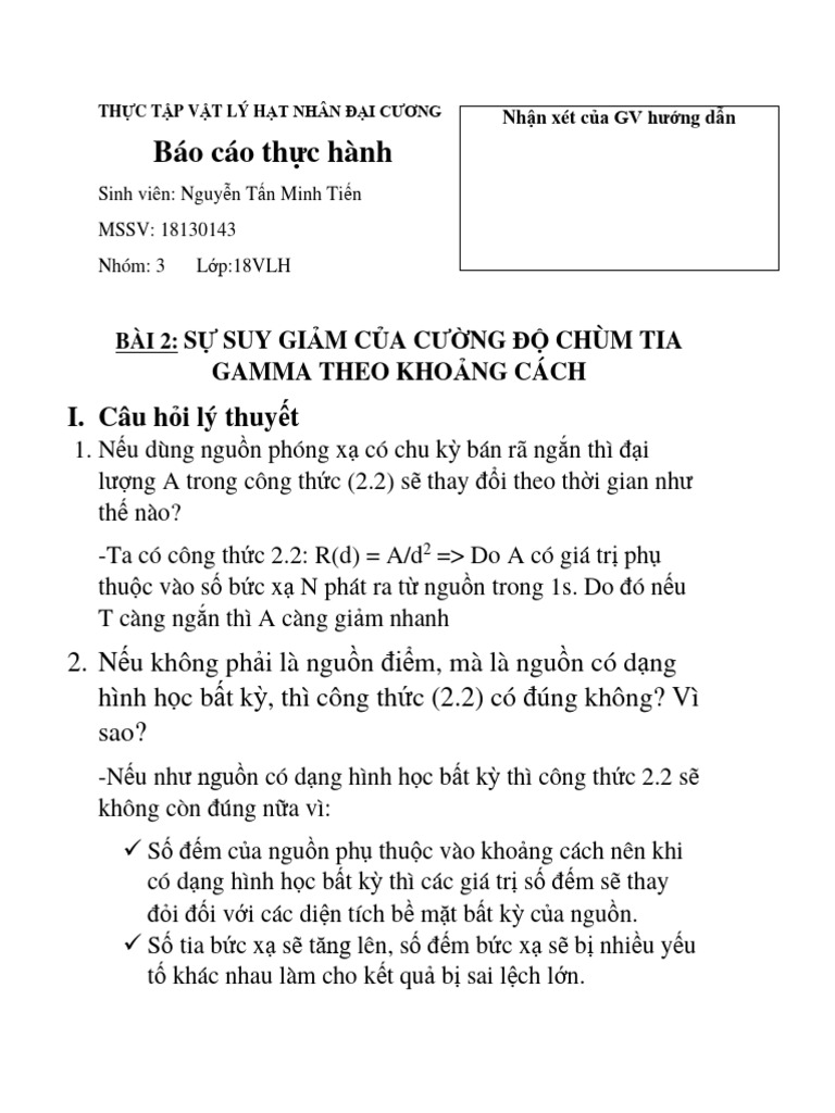 báo cáo sự suy giảm cường độ chùm tia gamma theo khoảng cách | PDF