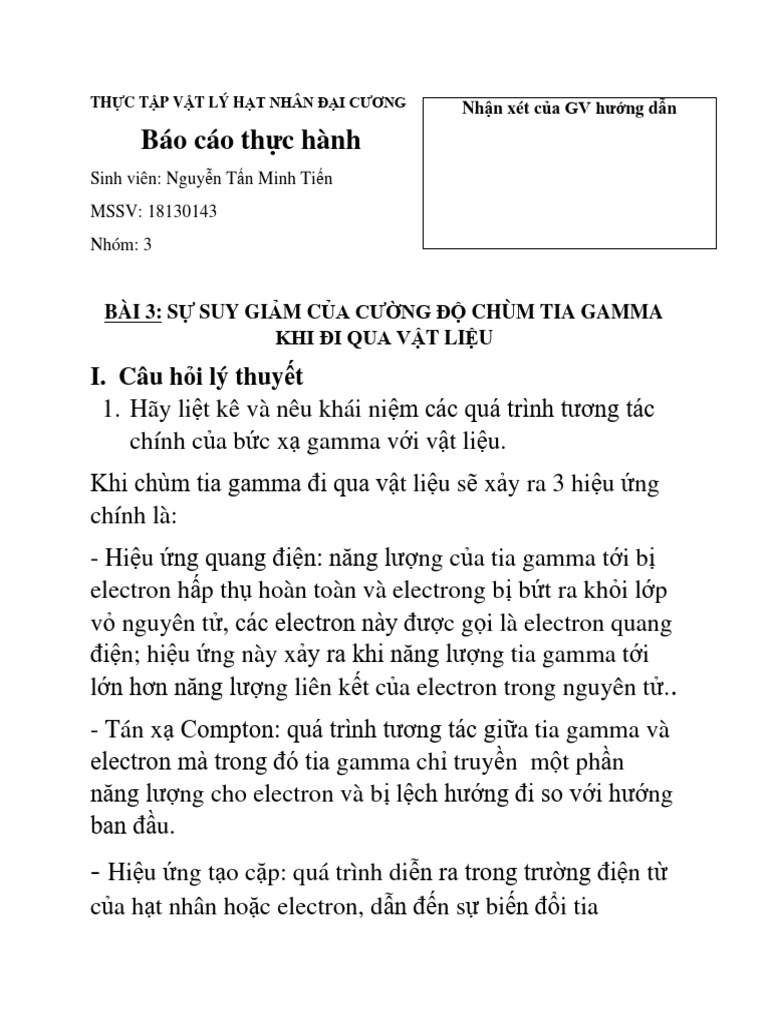 báo cáo sự suy giảm cường độ chùm tia gamma khi đi qua vật liệu | PDF