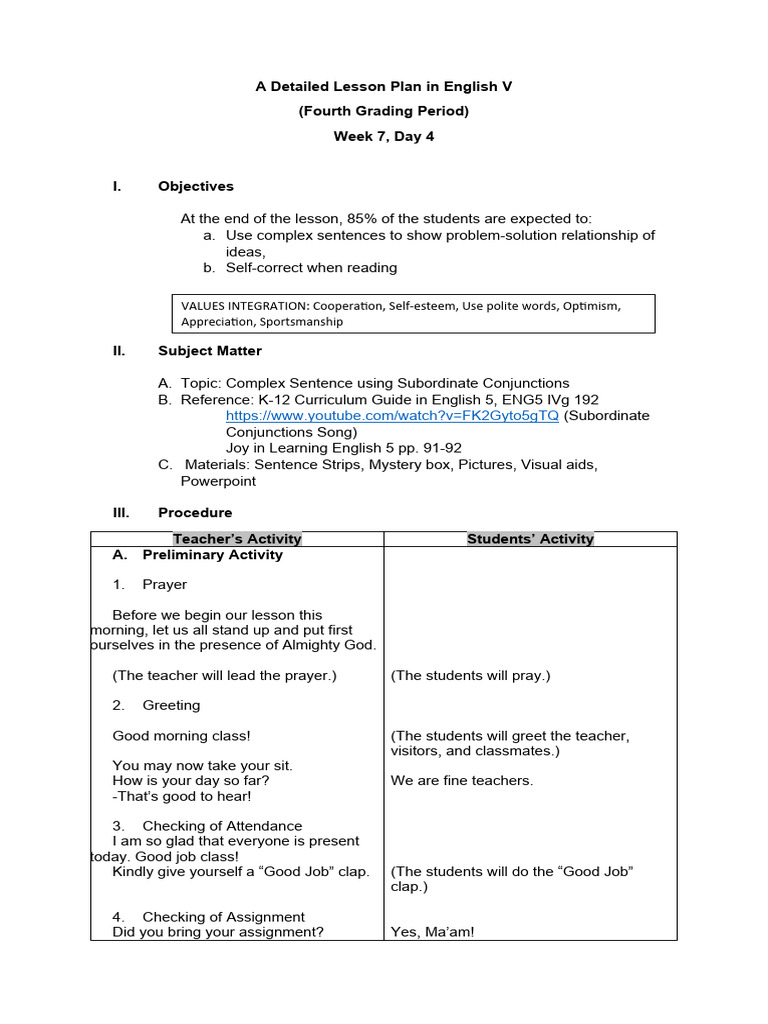 A Detailed Lesson Plan in English V 2 | PDF | Clause | Sentence ...
