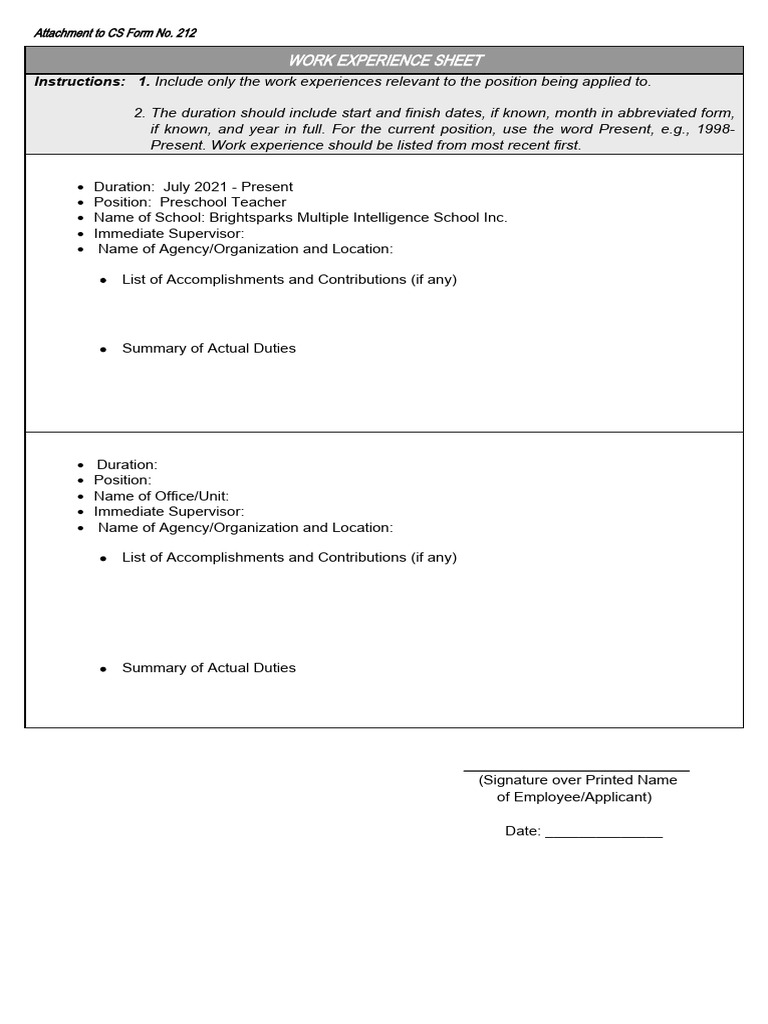 Cs Form No 212 Work Experience Sheet Pdf