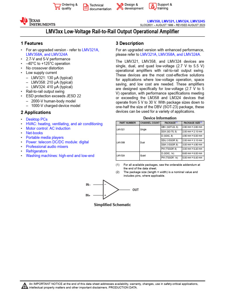 LMV358 Low-Voltage Op Amp Specs | PDF | Electrostatic Discharge | Amplifier