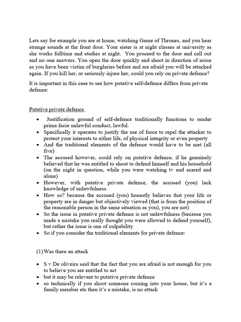 Putative Private Defence Summary | PDF | Self Defense | Murder