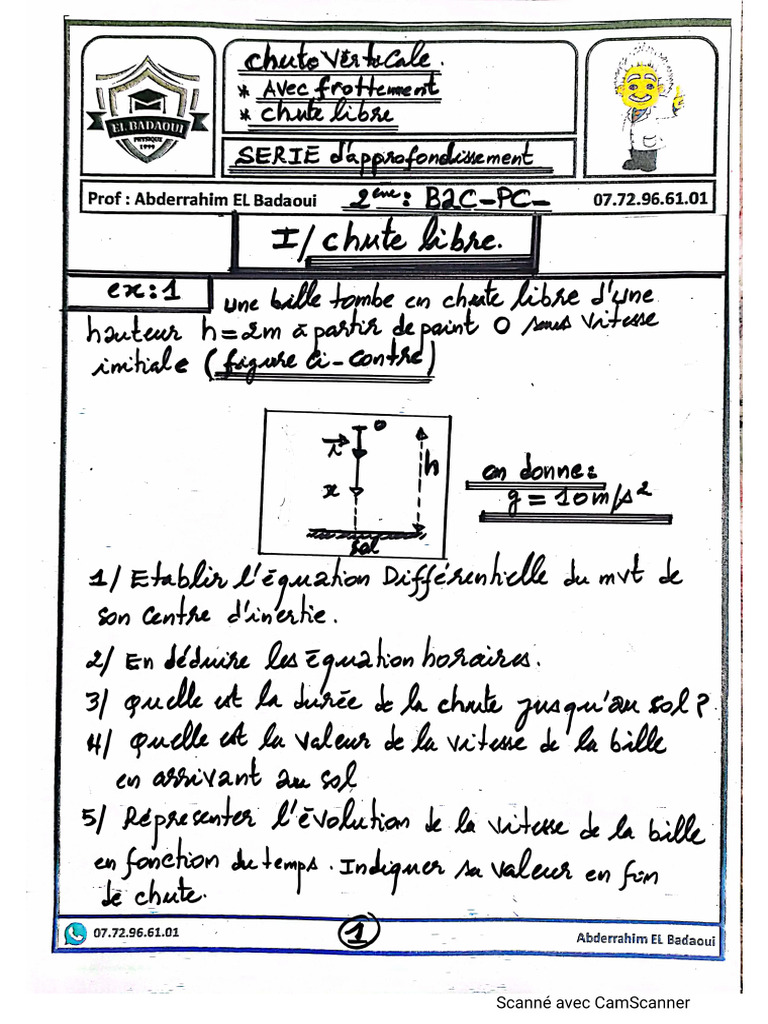 exercices de chute verticale 2eme bac pc El badaoui | PDF