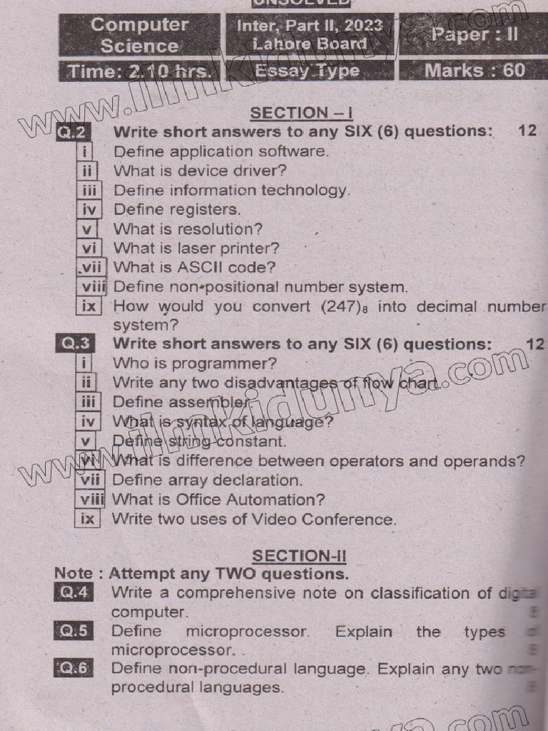 Past Paper 2023 Lahore Board Inter Part II Computer Science Group I Subjective English Medium | PDF
