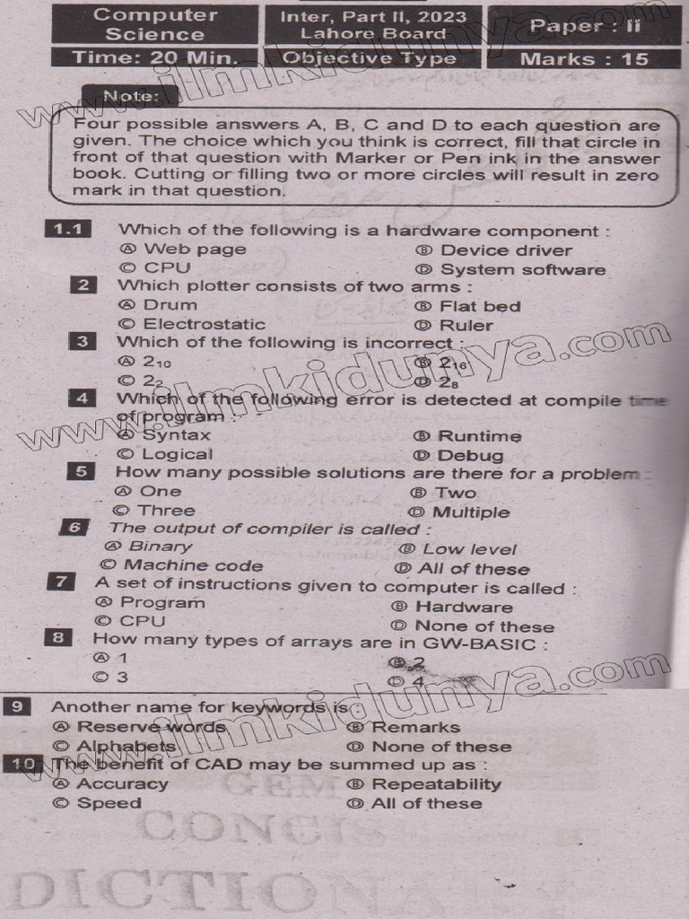 Past Paper 2023 Lahore Board Inter Part II Computer Science Group I Objective English Medium | PDF