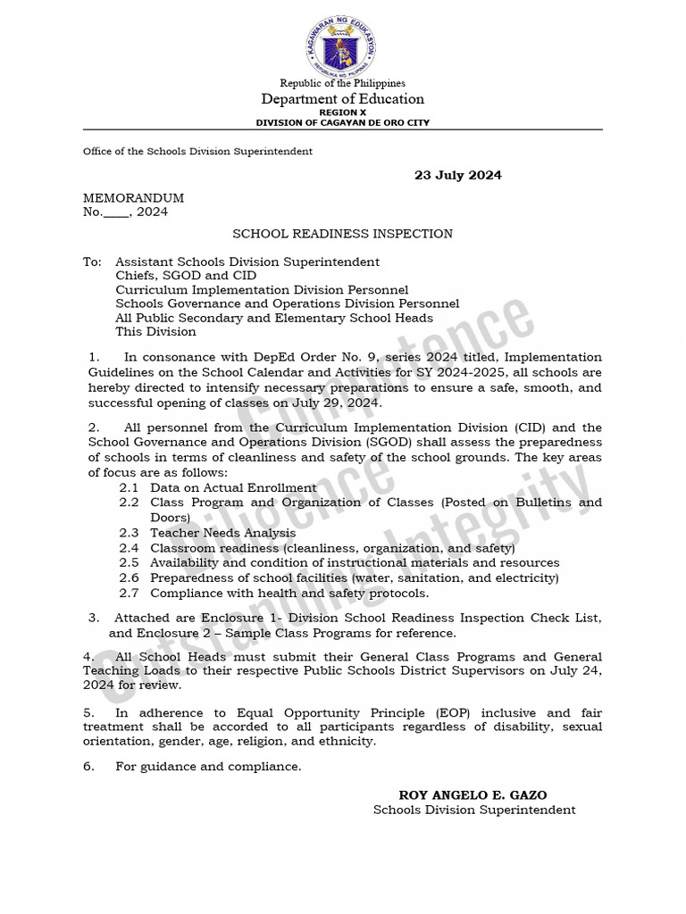 2024 Memo School Readiness Inspection | PDF | Schools