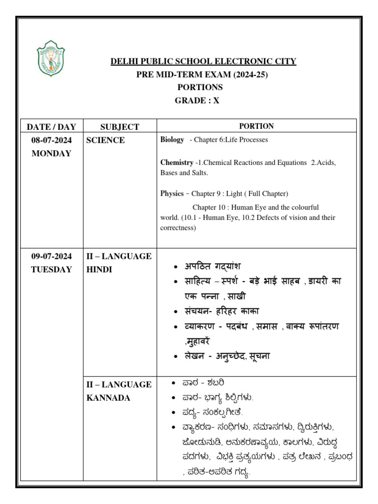 Delhi Public School Electronic City PRE MID-TERM EXAM (2024-25) Portions Grade: X | PDF | Equations