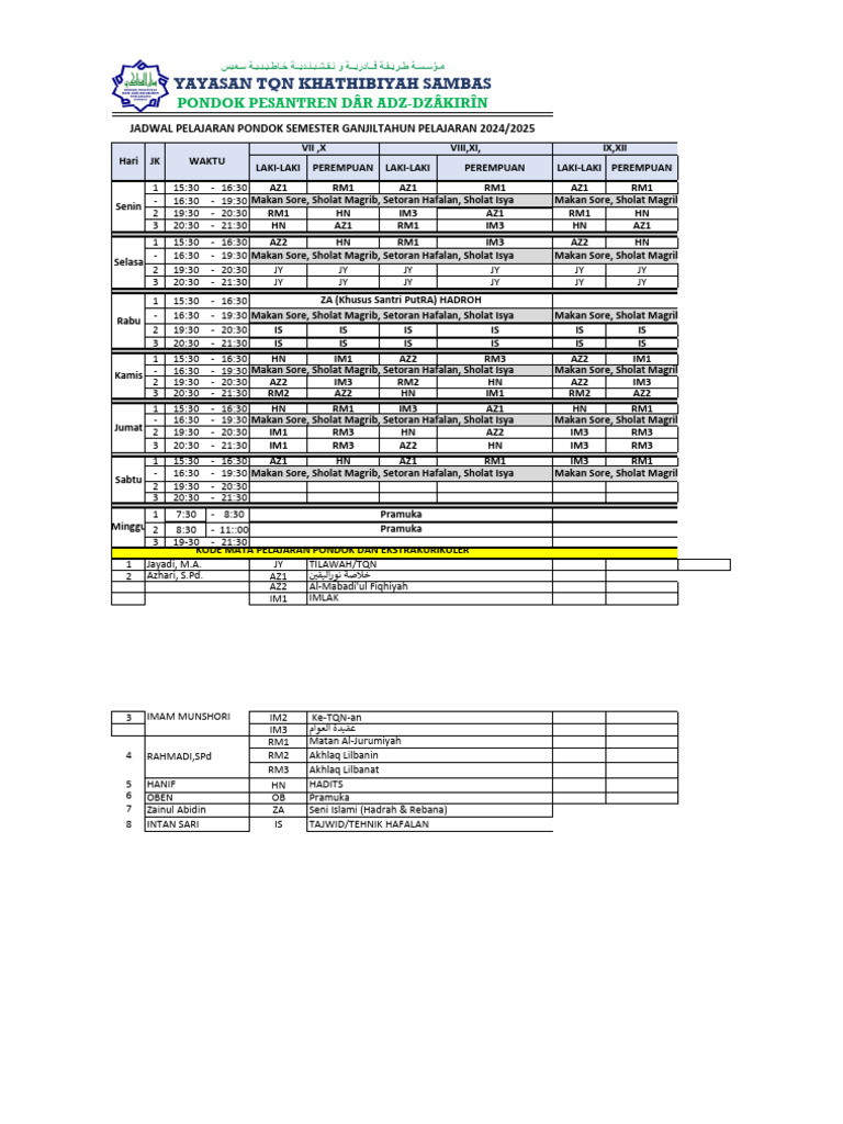 Jadwal Pelajaran Pondok Semester Ganjil TP 2024-2025 | PDF