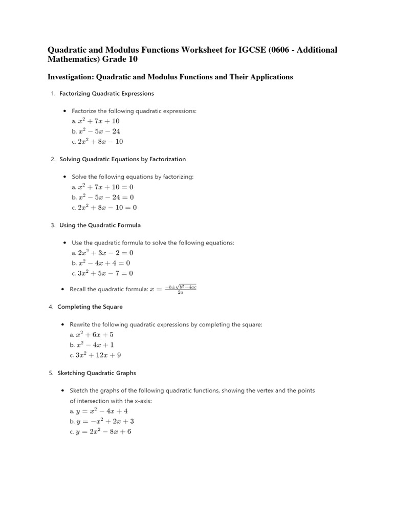 IGCSE Quadratic & Modulus Functions Worksheet | PDF
