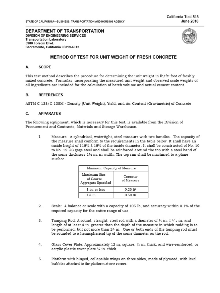 Unit Weight Test for Fresh Concrete | PDF | Concrete | Weighing Scale