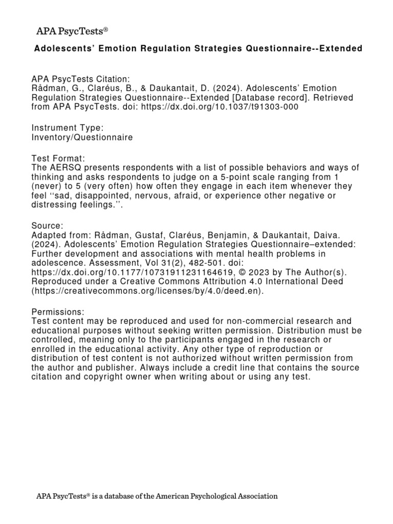 Adolescents Emotion Regulation Strategies Questionnaire Download