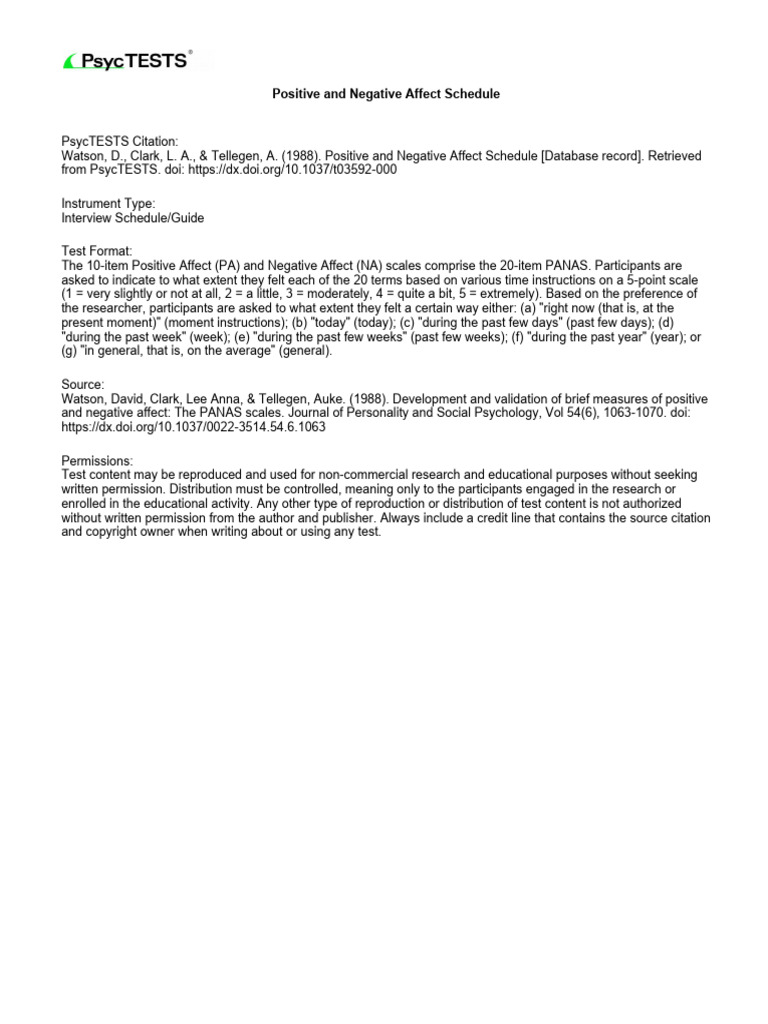 PANAS | PDF | Affect (Psychology) | Emotions