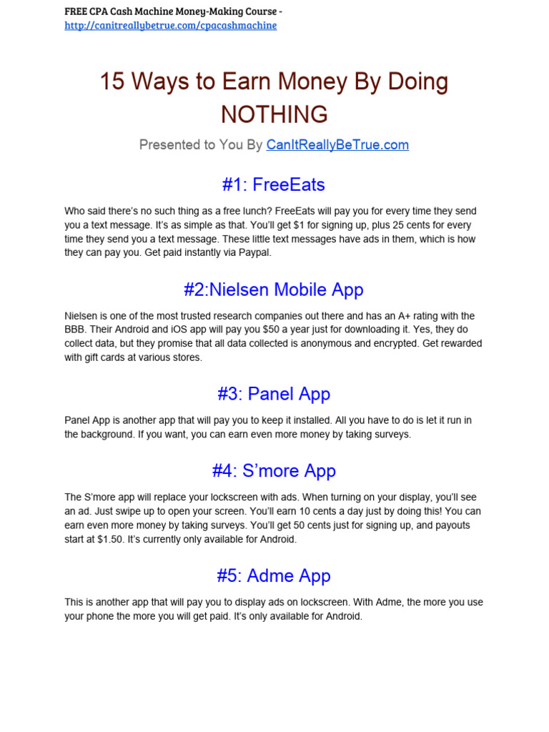 15 Ways To Earn Money by Doing Nothing: #1: Freeeats | PDF | Mobile App | Android (Operating System)