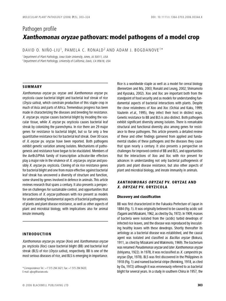Xanthomonas Oryzae Pathovars: Model Pathogens of A Model Crop | PDF ...