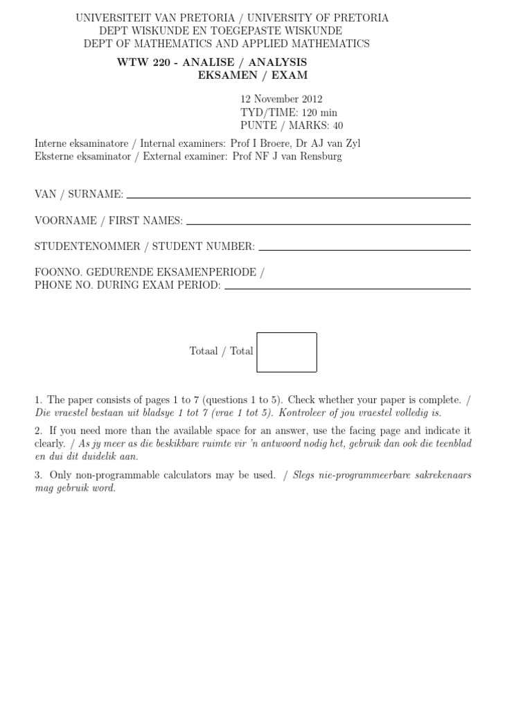 WTW 220 Exam 2012 | PDF