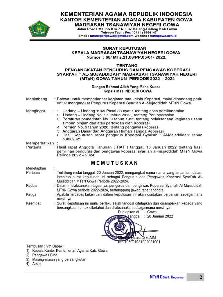 SK Pengurus & Pengawas KOPERASI - 2022-2024 | PDF